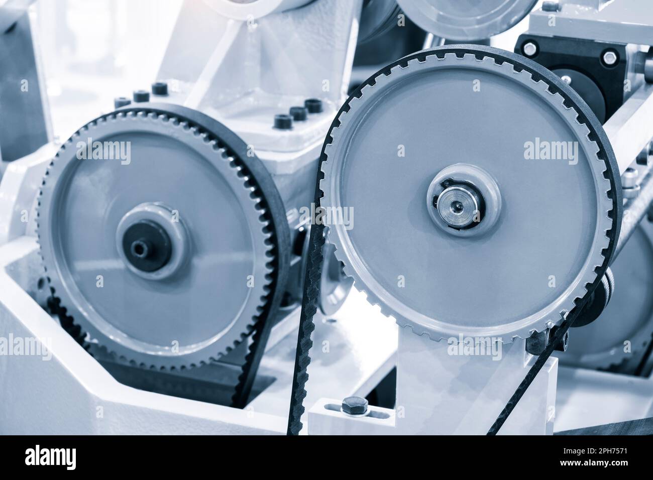 Belt transmission close up, industrial technology concept background ...