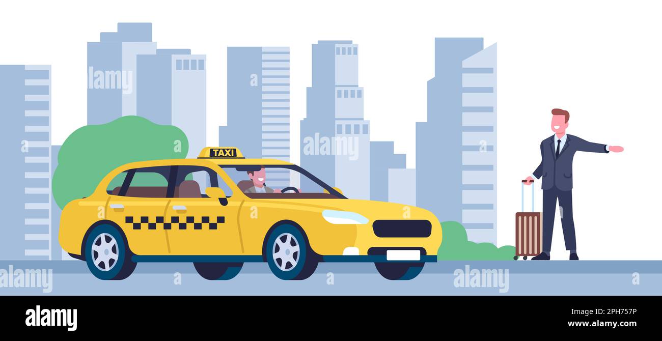 Man tries to catch taxi in street by raising his hand. Cab calling ...