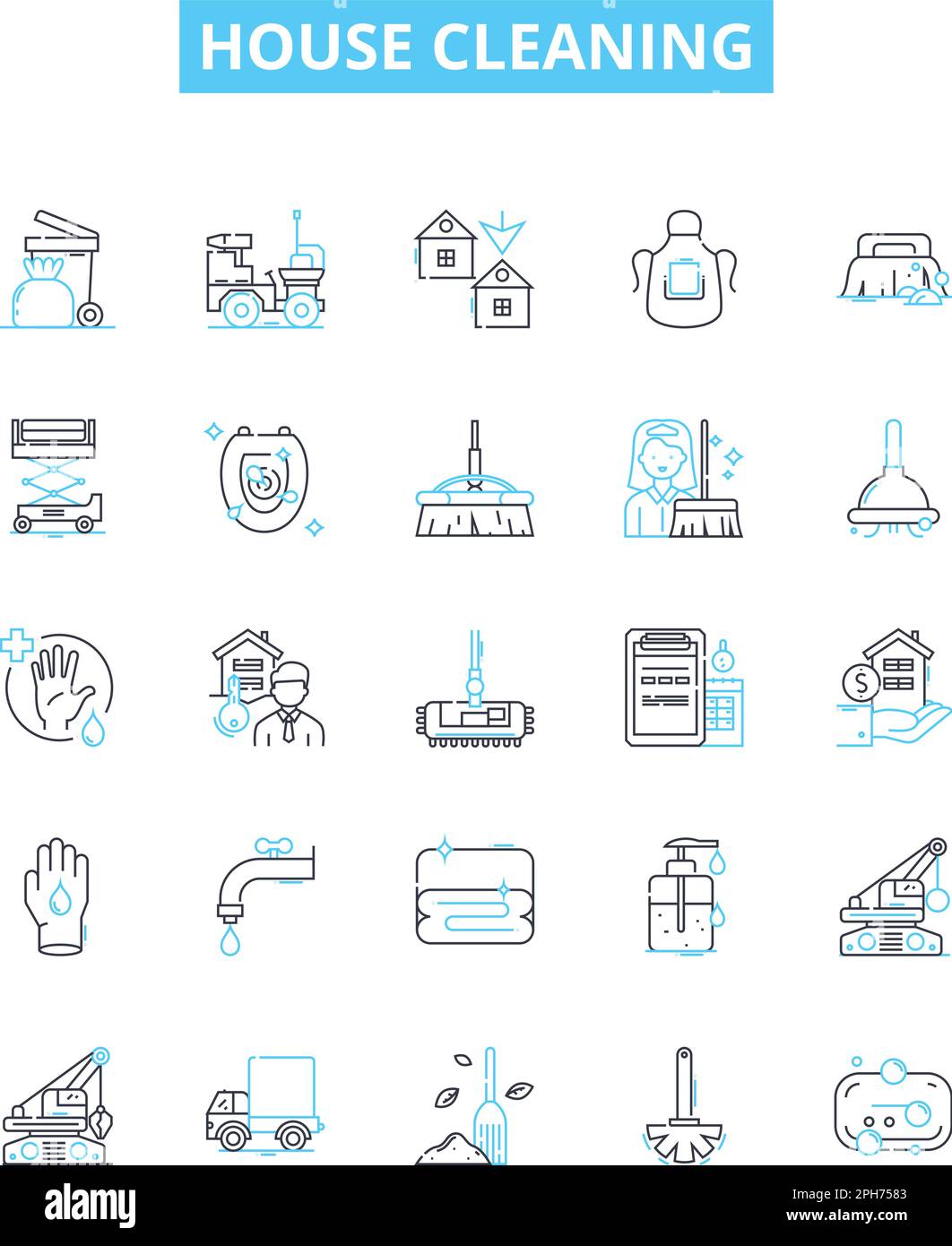 House cleaning vector line icons set. Mop, Vacuum, Dust, Wipe, Sweep, Scrub, Disinfect ...