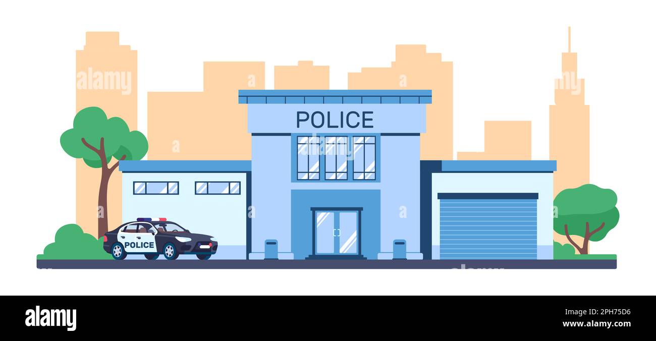 Police station. City building and car. Law security and investigation ...