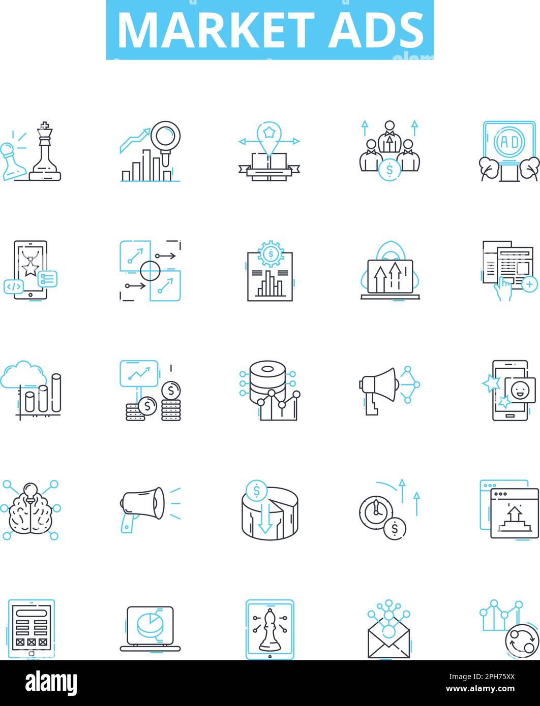 Market ads vector line icons set. Advertising, Markets, Promotions ...