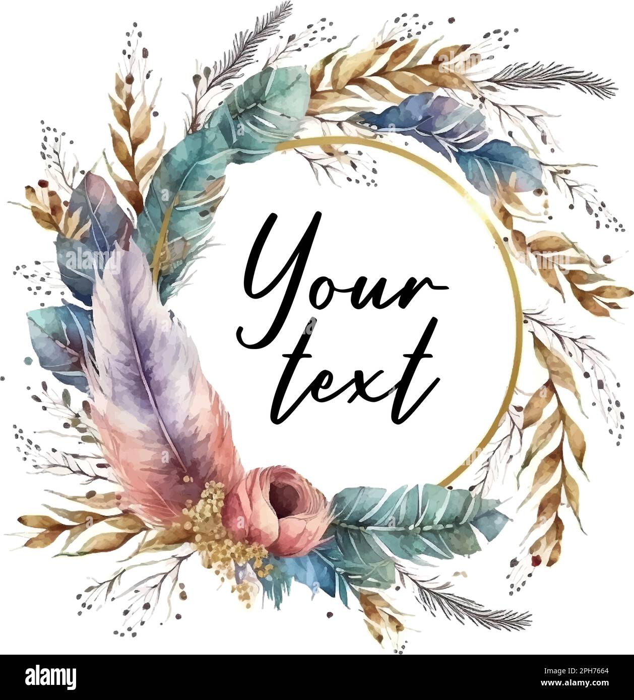 Feathers. Vintage wreath border in boho style. Watercolor vector Stock ...