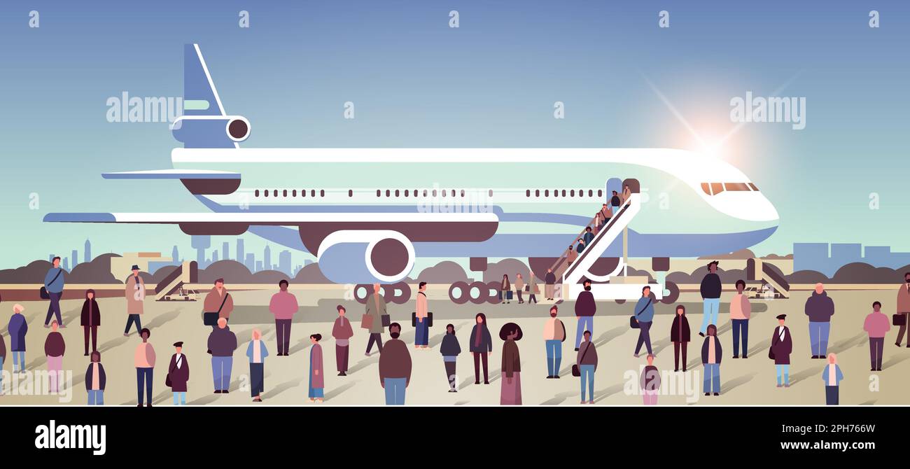 multiethnic people group standing near airplane mix race men women ...