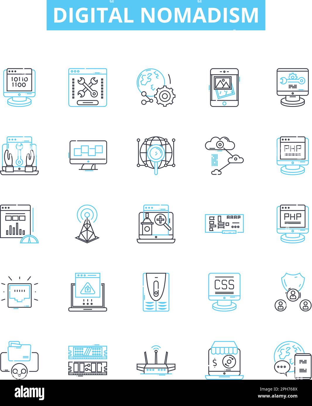 Digital nomadism vector line icons set. Remote, Working, Digital ... Digital nomadism vector line icons set. Remote, Working, Digital ...
