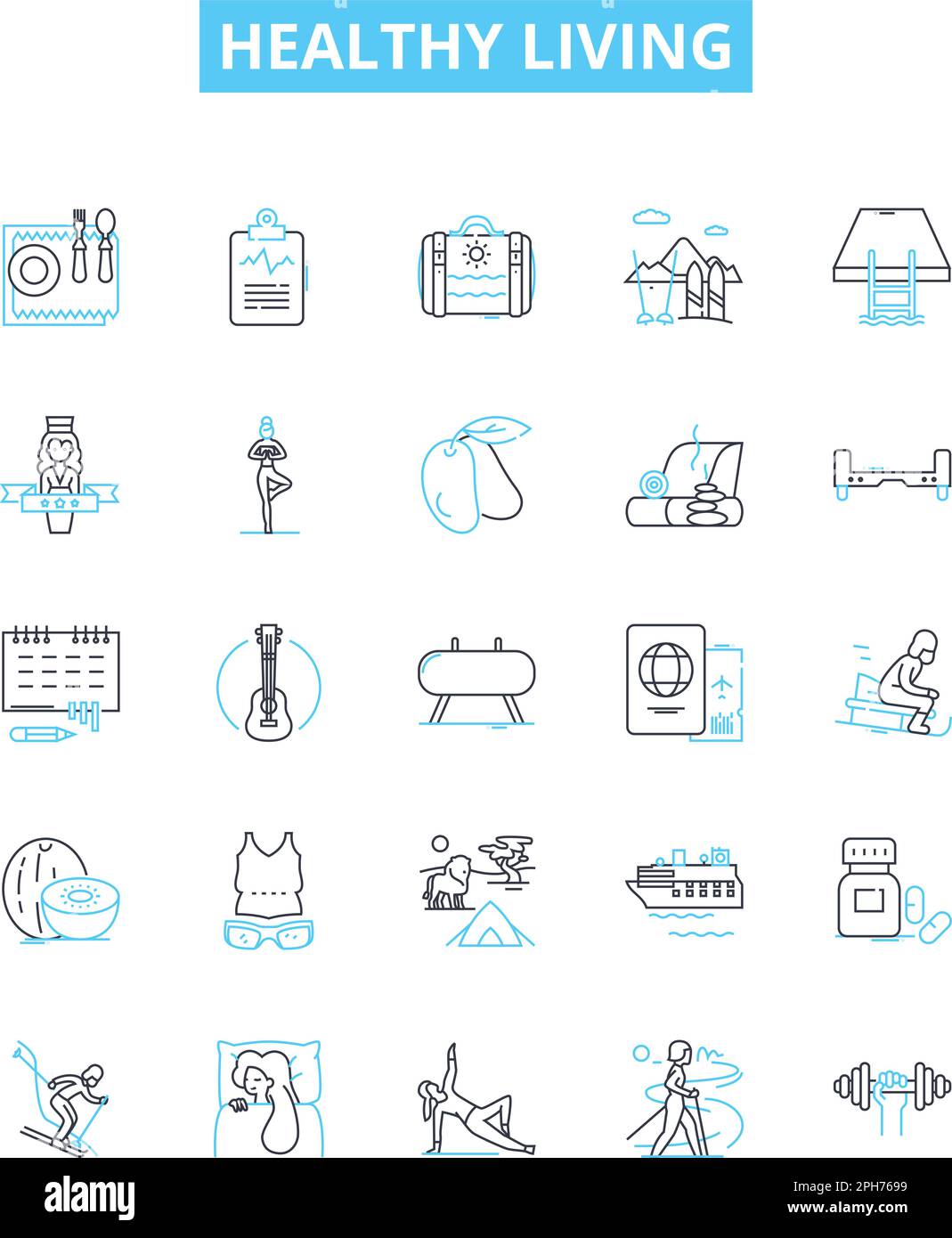 Healthy living vector line icons set. Nutrition, Exercise, Hydration ...