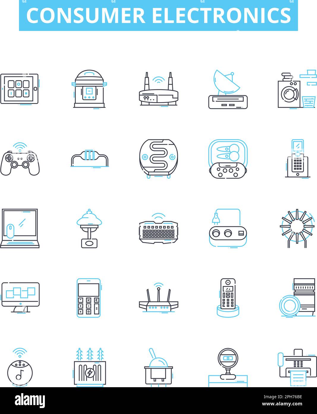 Consumer electronics vector line icons set. Electronics, Consumer, TVs, Radios, Stereos, Cameras ...