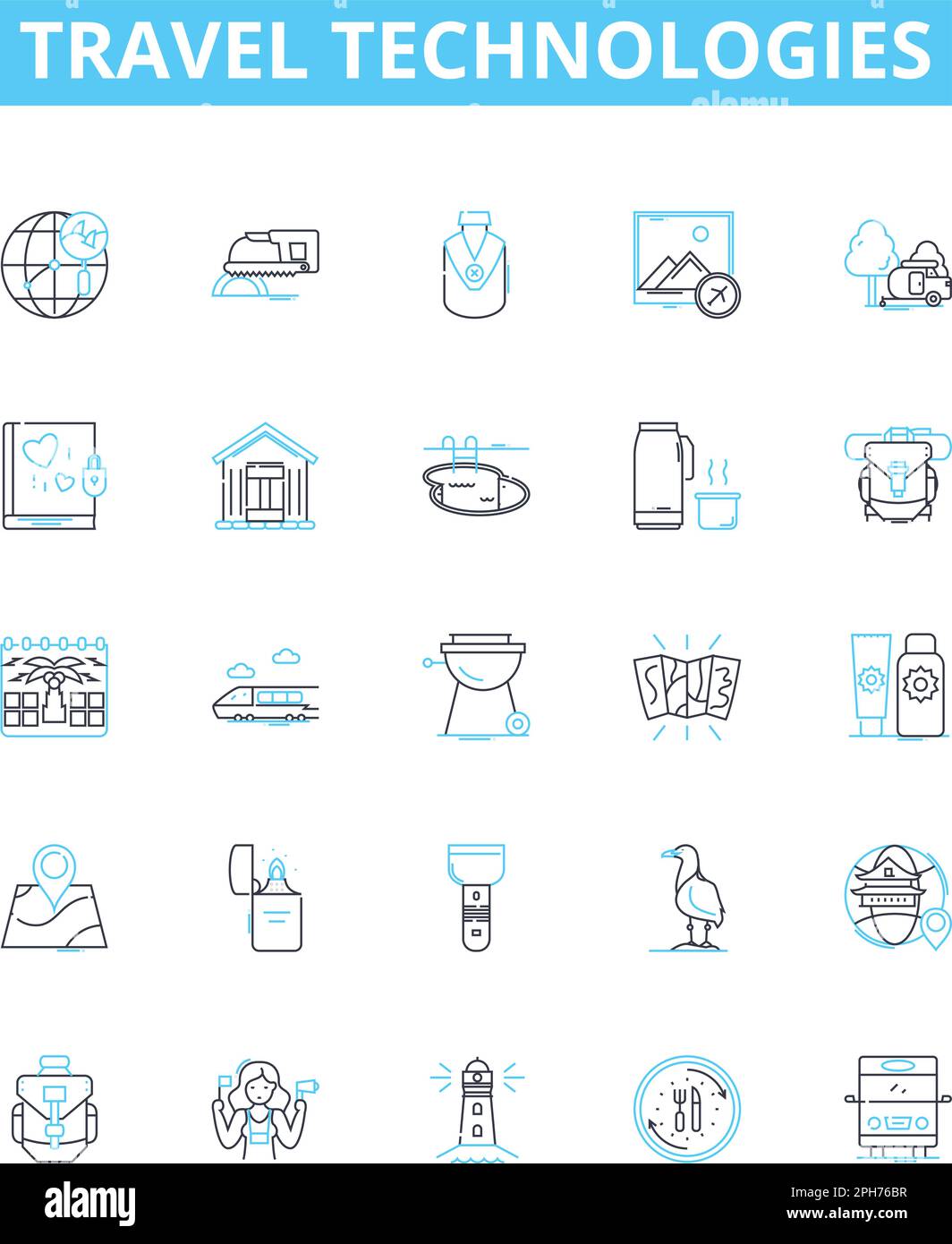 Travel technologies vector line icons set. Mobile, Apps, AI, Voice ...
