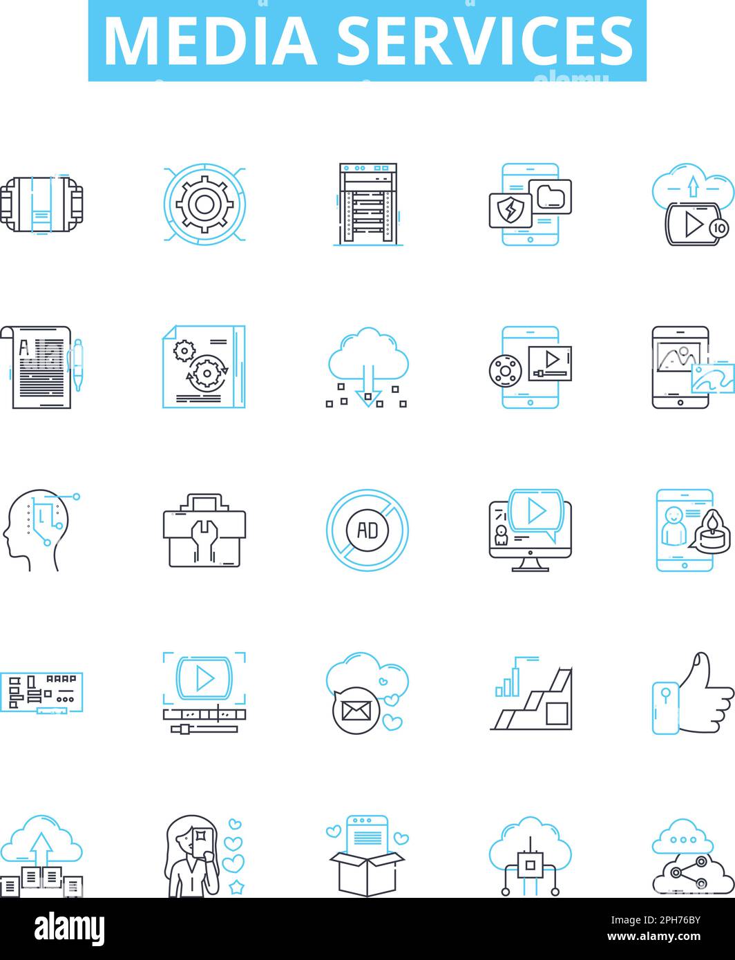 Media services vector line icons set. Broadcasting, Streaming, Advertising, Publishing ...