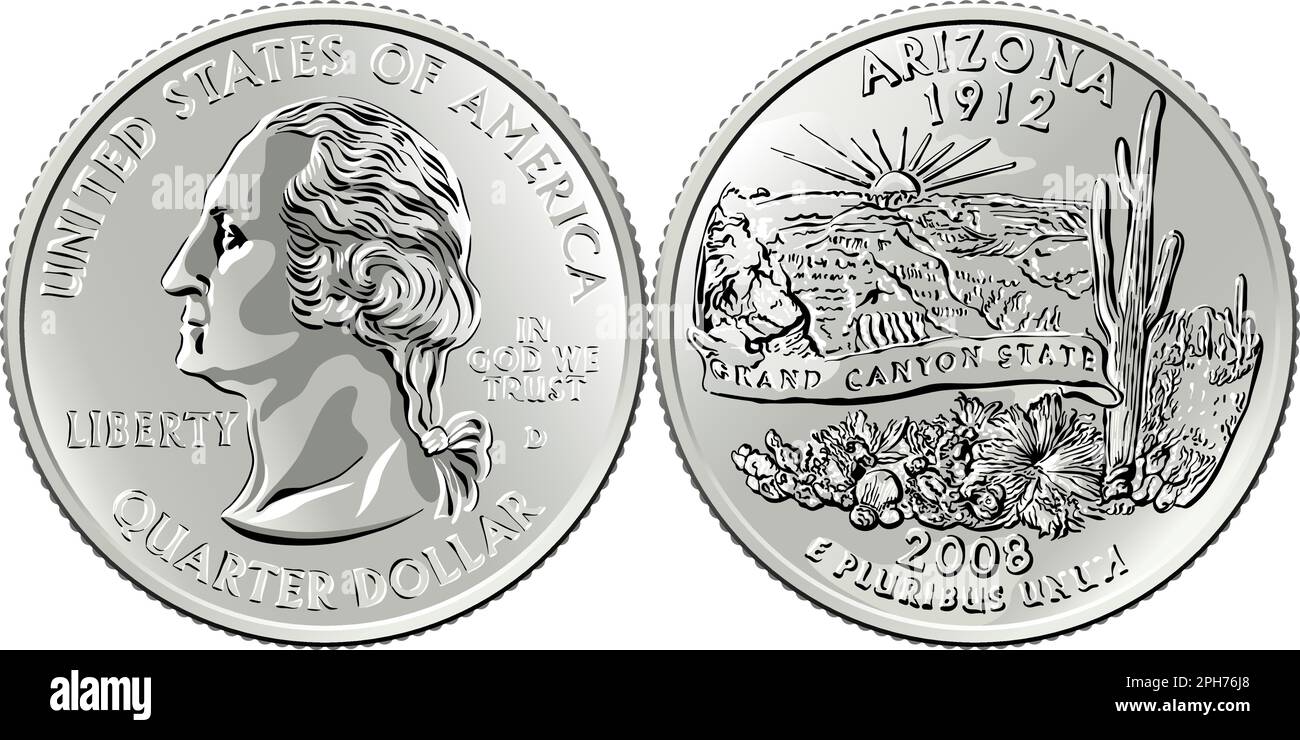 American money, USA Washington quarter dollar Arizona or 25-cent silver ...