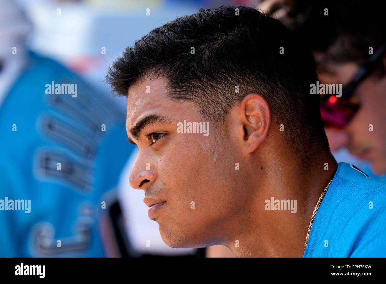 Miami Marlins starting pitcher Jesus Luzardo sits in the dugout after ...