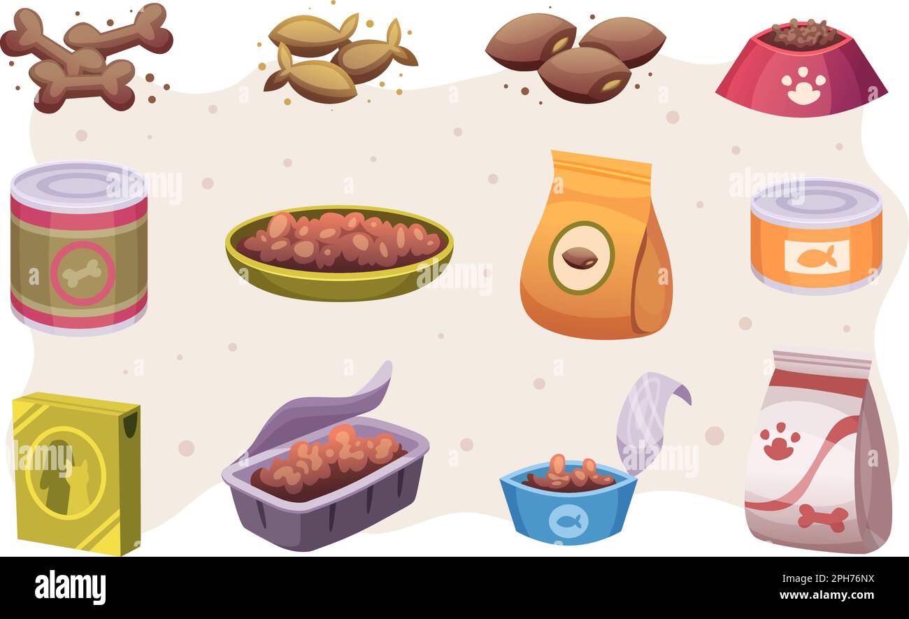 Pets products. Containers for food packages for domestic animals snacks ...