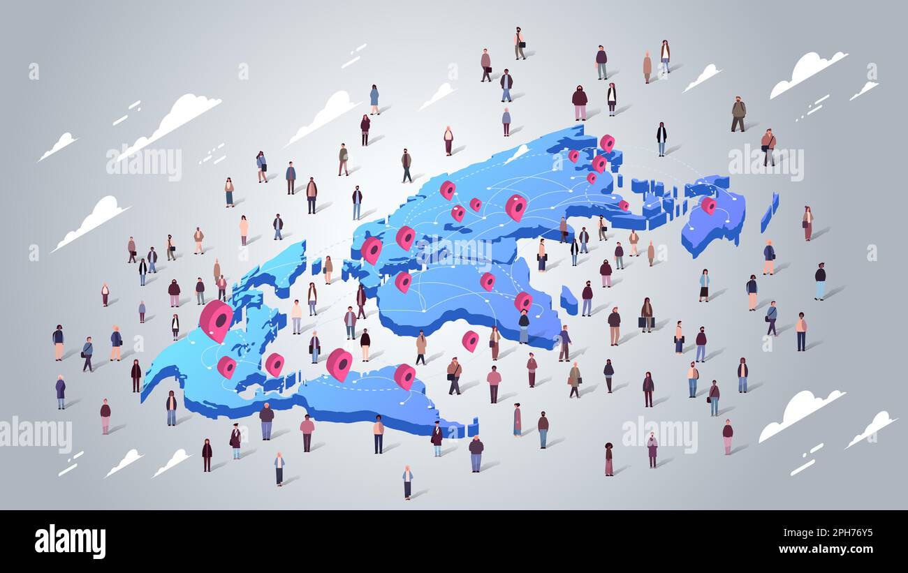 multiethnic people group on world map with location pins touristic ...