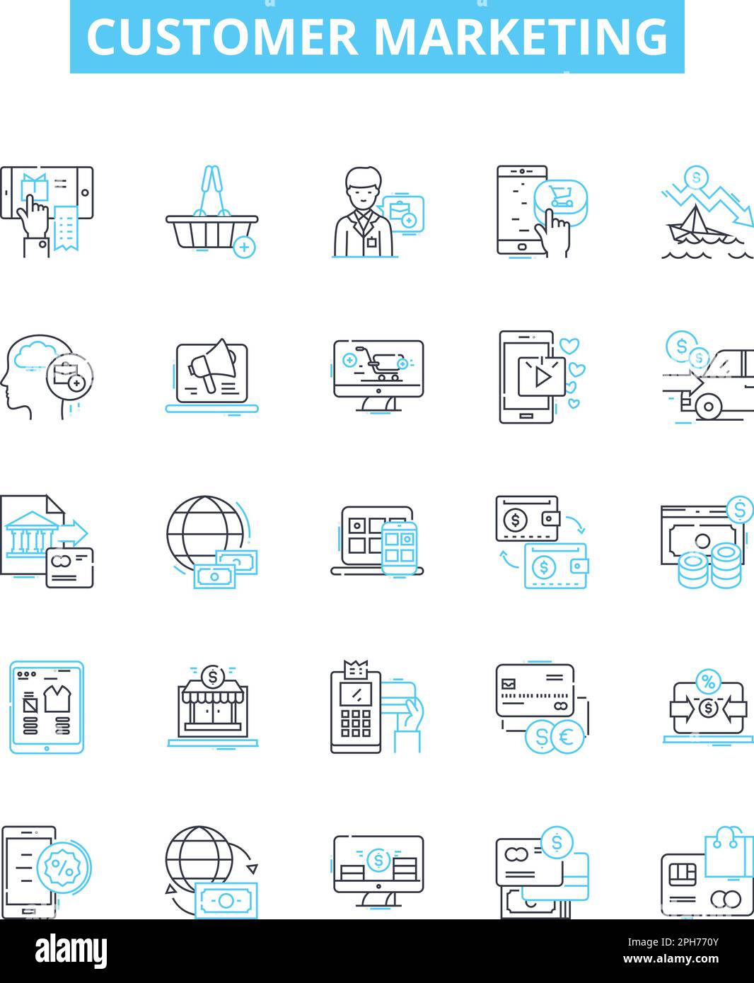 Customer Marketing vector line icons set. Engagement, Loyalty, CRM, Acquisition, Relationship ...