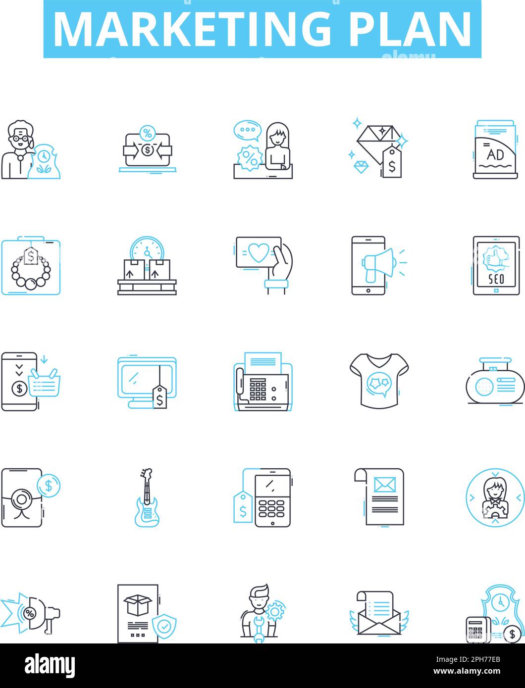 Marketing plan vector line icons set. Strategy, Targeting, Research ...