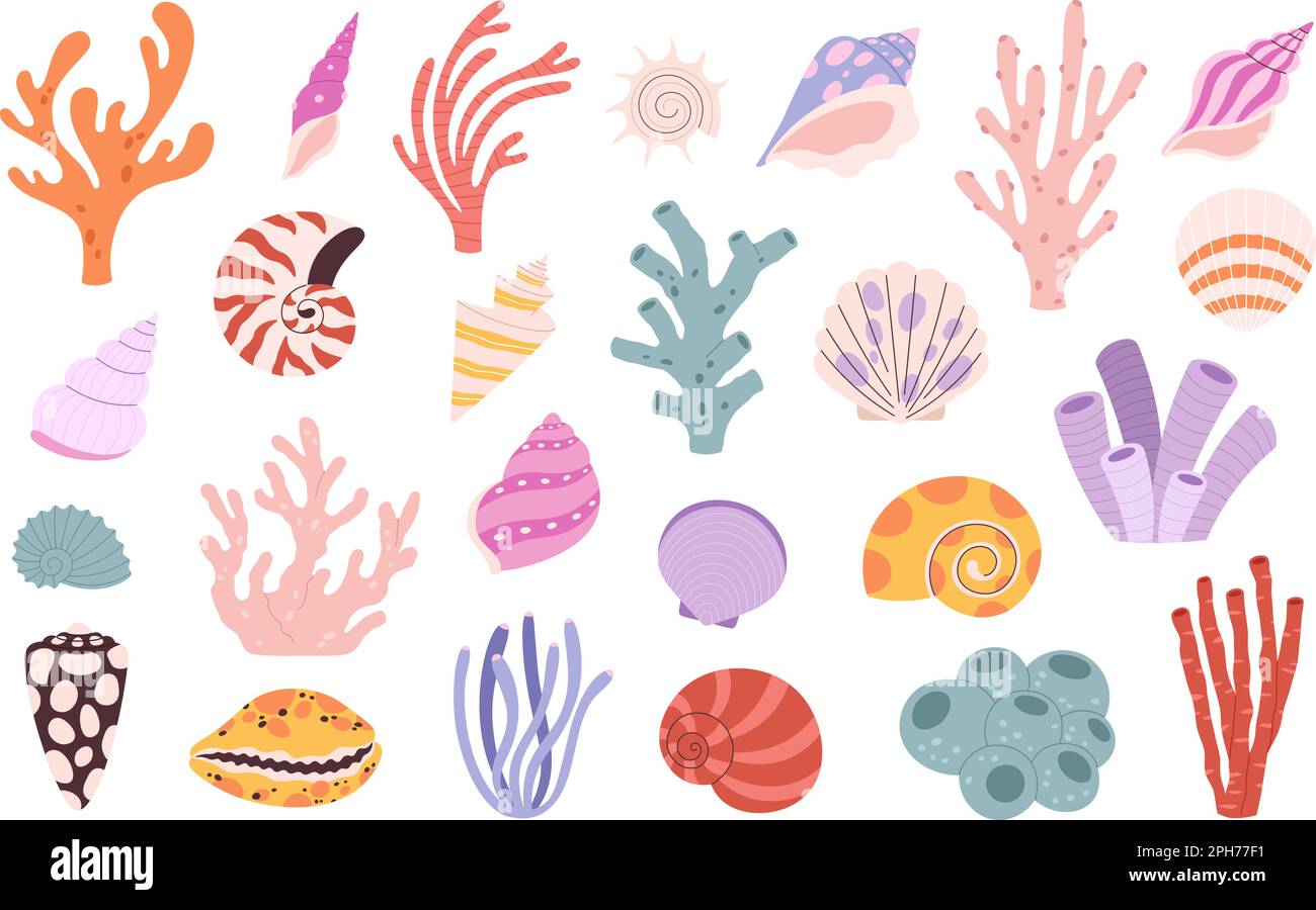 Cartoon corals and seashells, algae underwater elements. Ocean blue ...