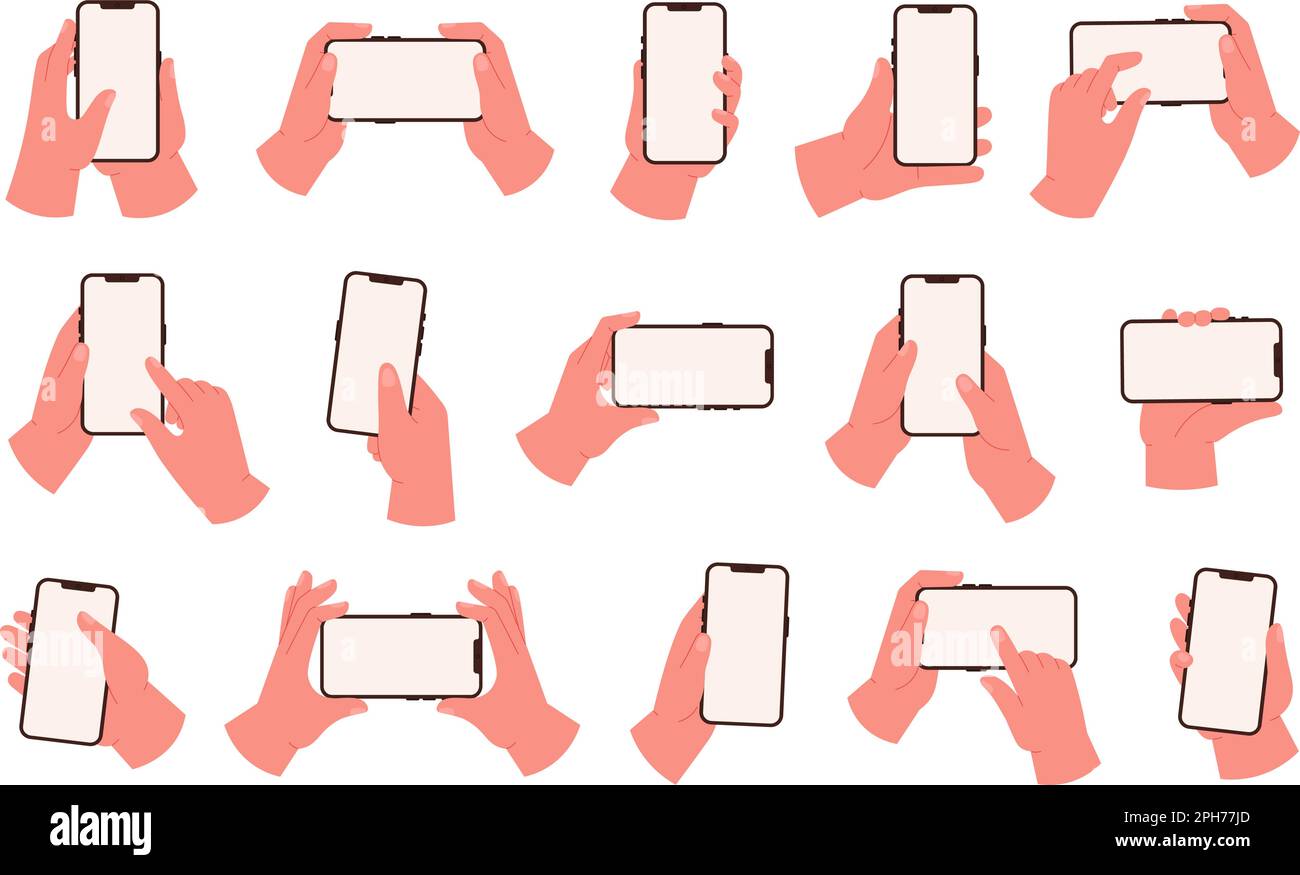Hands holding smartphones. Touch smartphone screen, vertical and ...