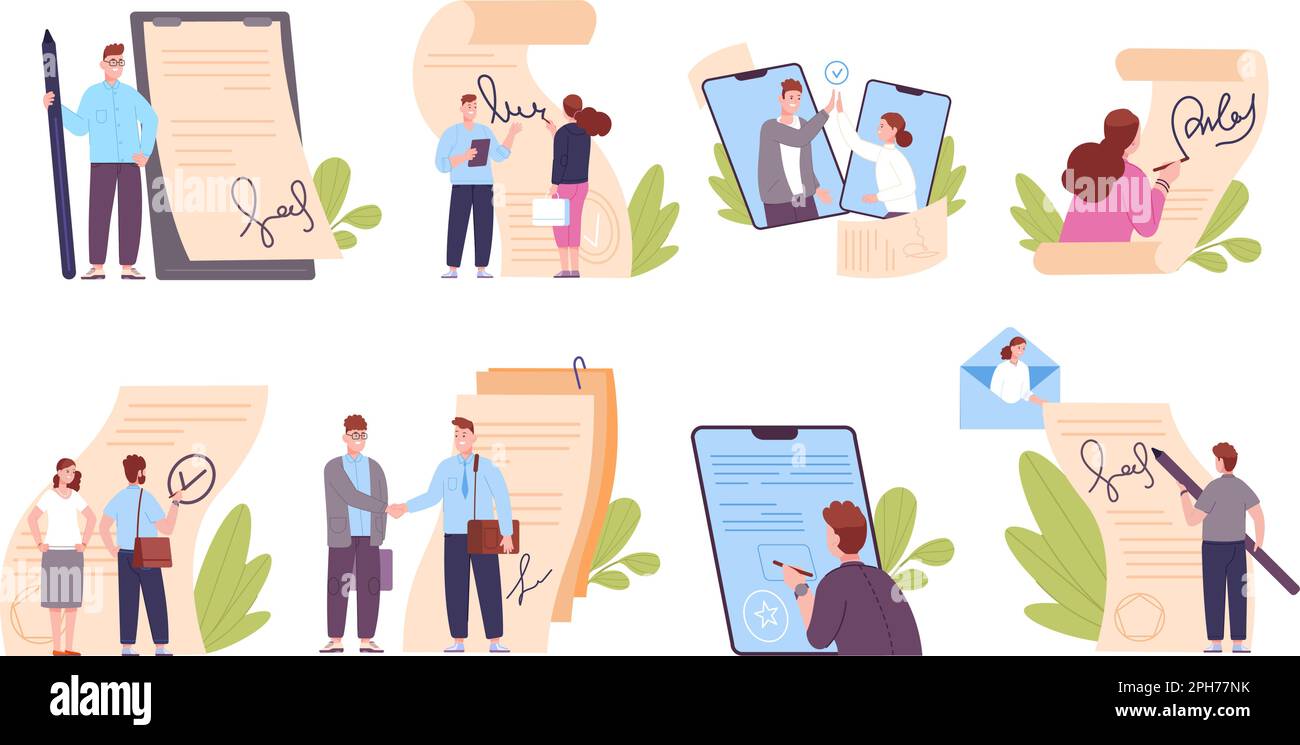 Contract conclusion. People signing paper contract, deal settlement ...