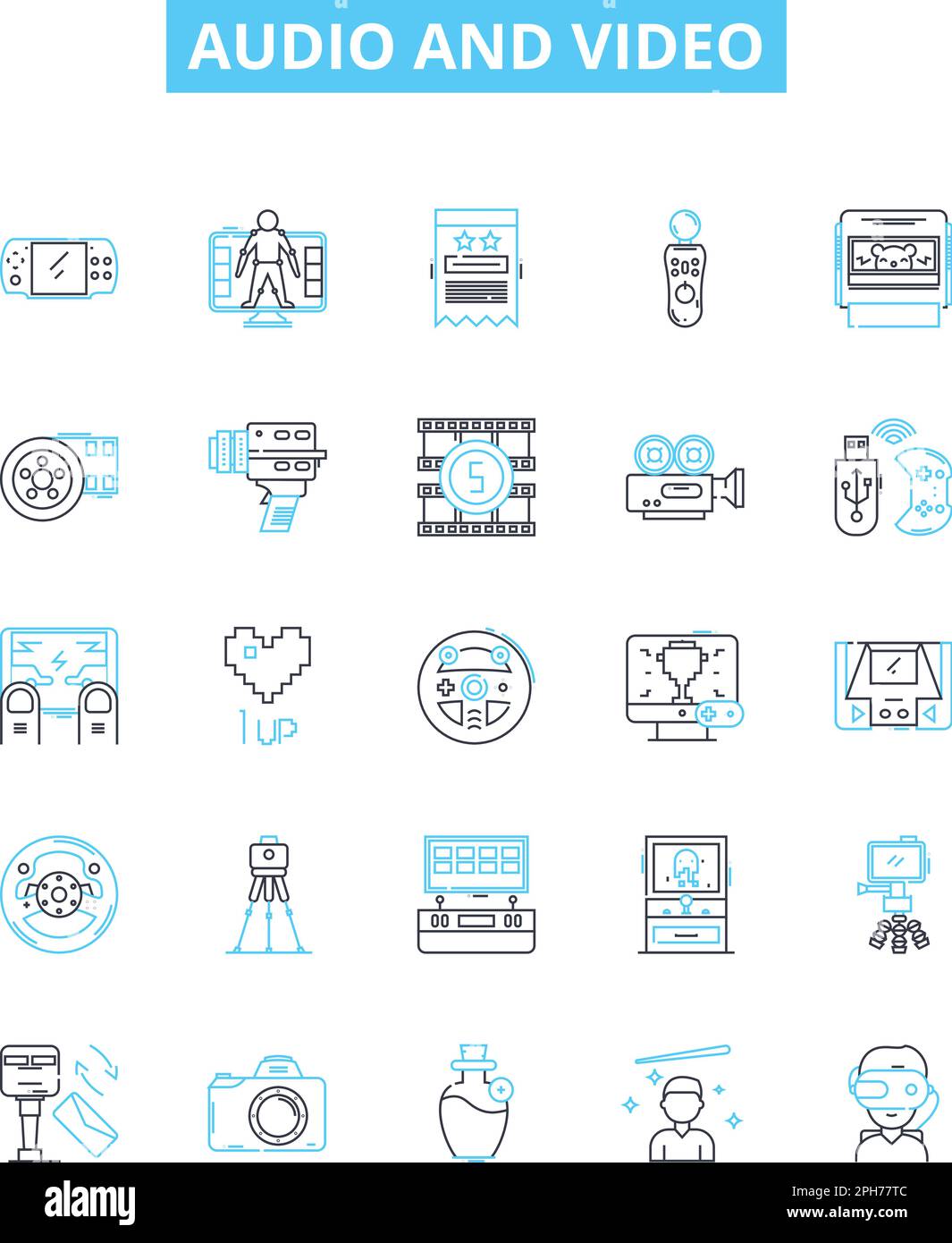 audio and video vector line icons set. Audio, Video, Sound, Music, Podcast, Radio, Broadcasting ...