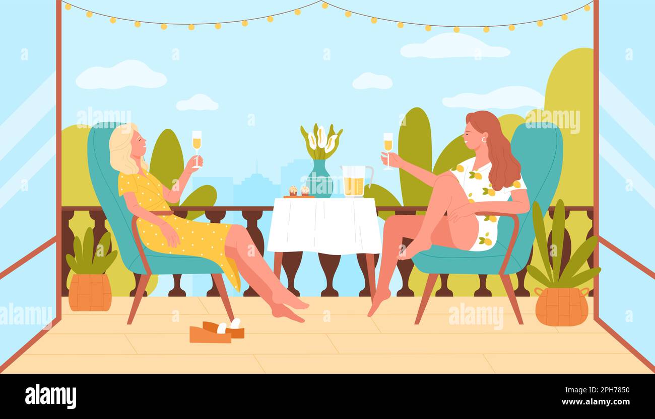 Girls talk on outdoor terrace vector illustration. Cartoon peaceful ...