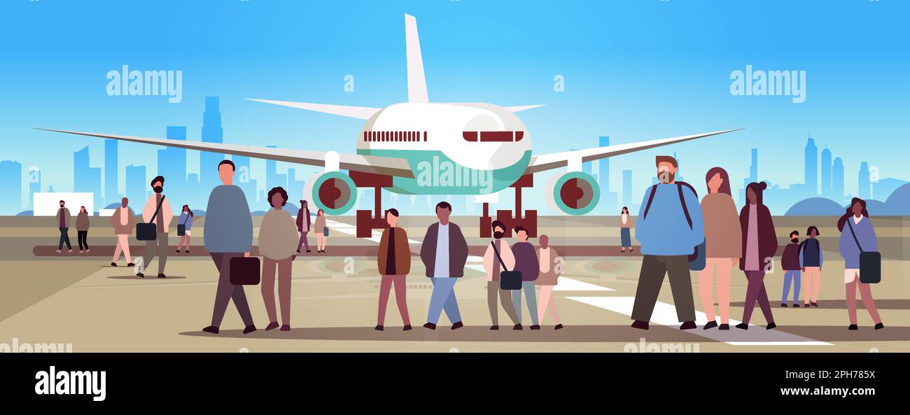 multiethnic people group standing near airplane mix race men women ...
