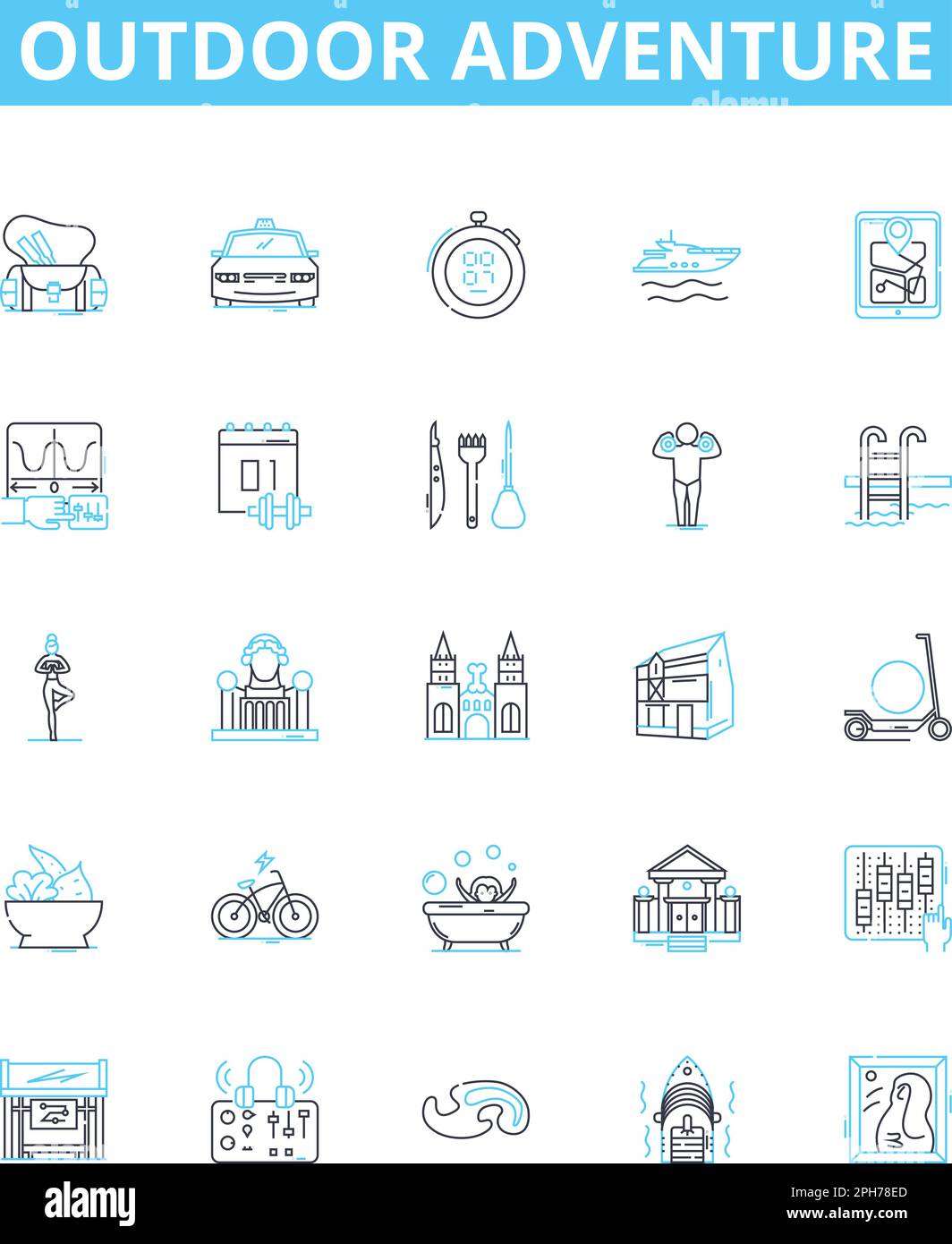 Outdoor adventure vector line icons set. Hiking, Camping, Climbing ...