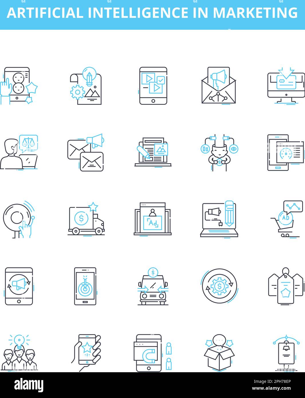 Artificial intelligence in marketing vector line icons set. AI, Marketing, Automation, Analytics ...