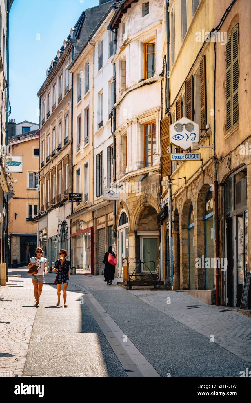 View on the Rue Marchande, a quaint street of Vienne's old town, on a ...