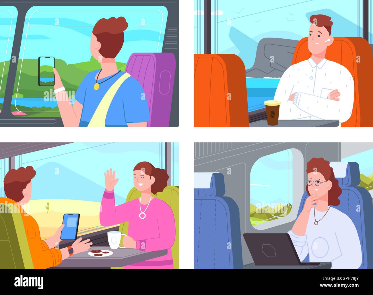 People look transport windows. Tourist characters travelling in ...