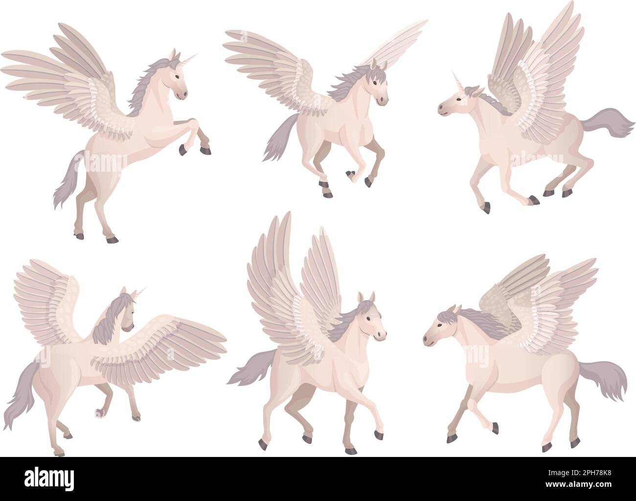 Flying pegasus. Cartoon mythical horse with wings, magical horses running poses animation, fairy ...