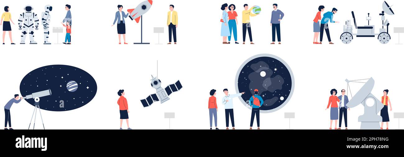 Astronomy cosmonautics museum, people in planetarium. Solar system ...
