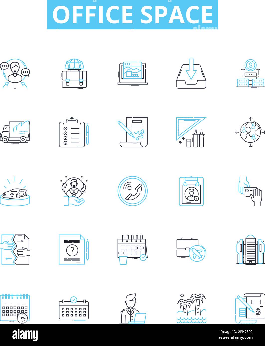Office space vector line icons set. Workplace, cubicle, desk, meeting ...