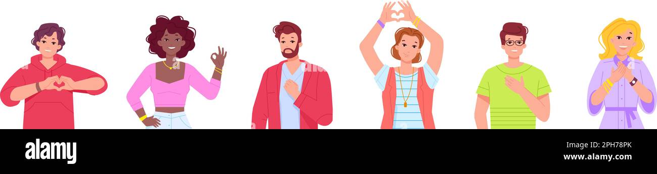 Grateful people. Cartoon characters gratitude gesture, sincere person ...