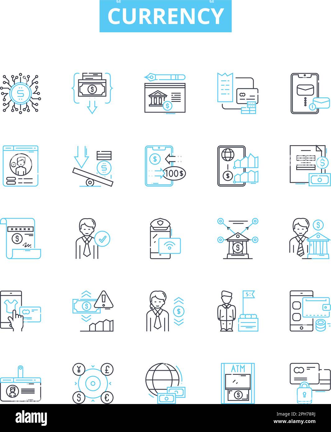 Currency vector line icons set. Money, Coin, Dollar, Euro, Yen, Pound, Franc illustration ...