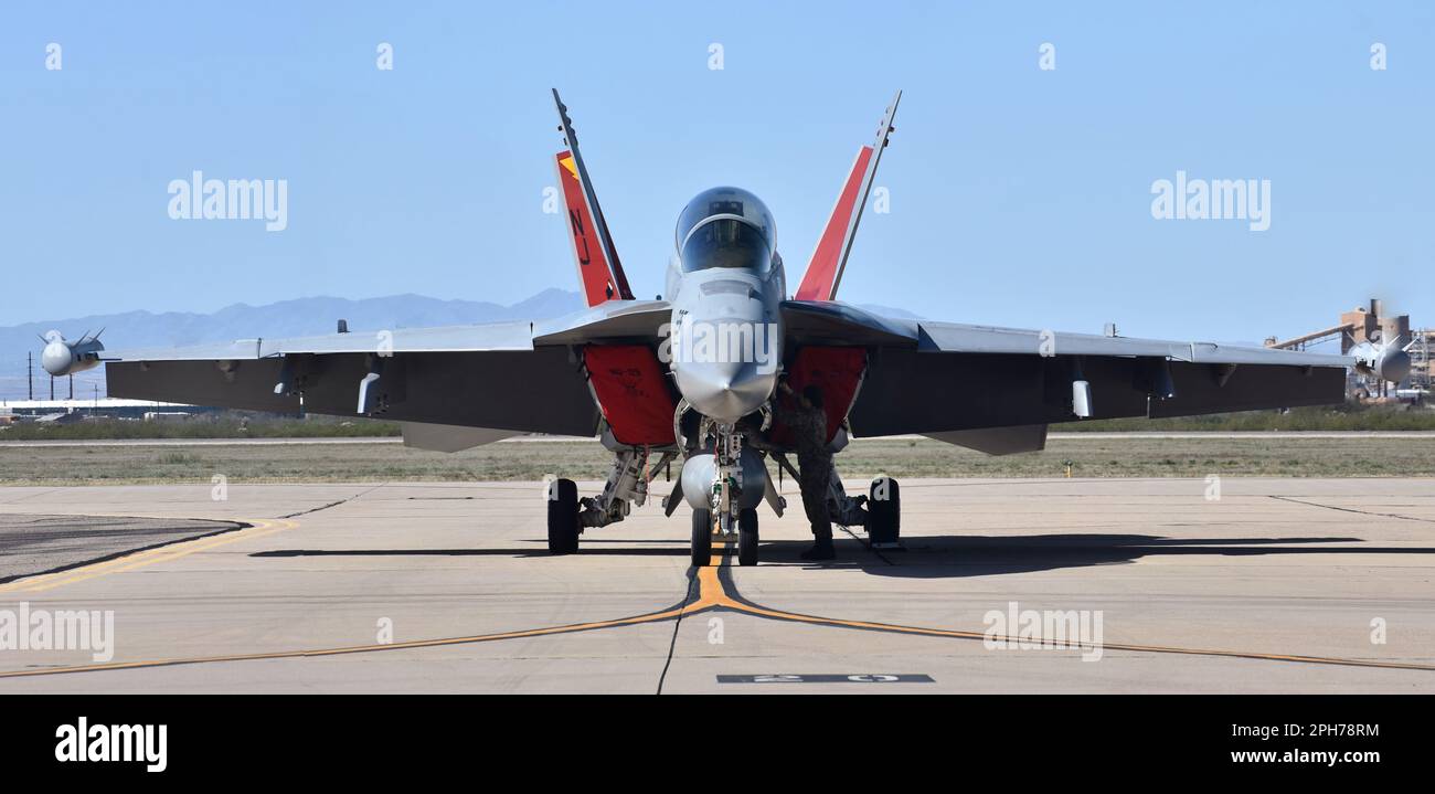 A U.S. Navy F-18G Growler jet prepares for take-off on the runway at ...