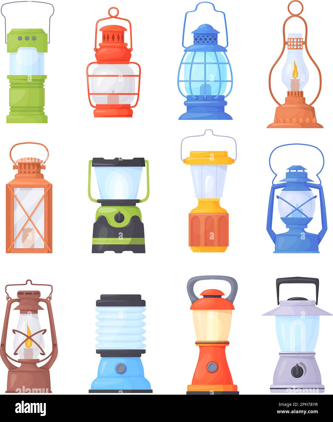 Cartoon camp lanterns. Garden lantern candles, kerosene lamp for ...