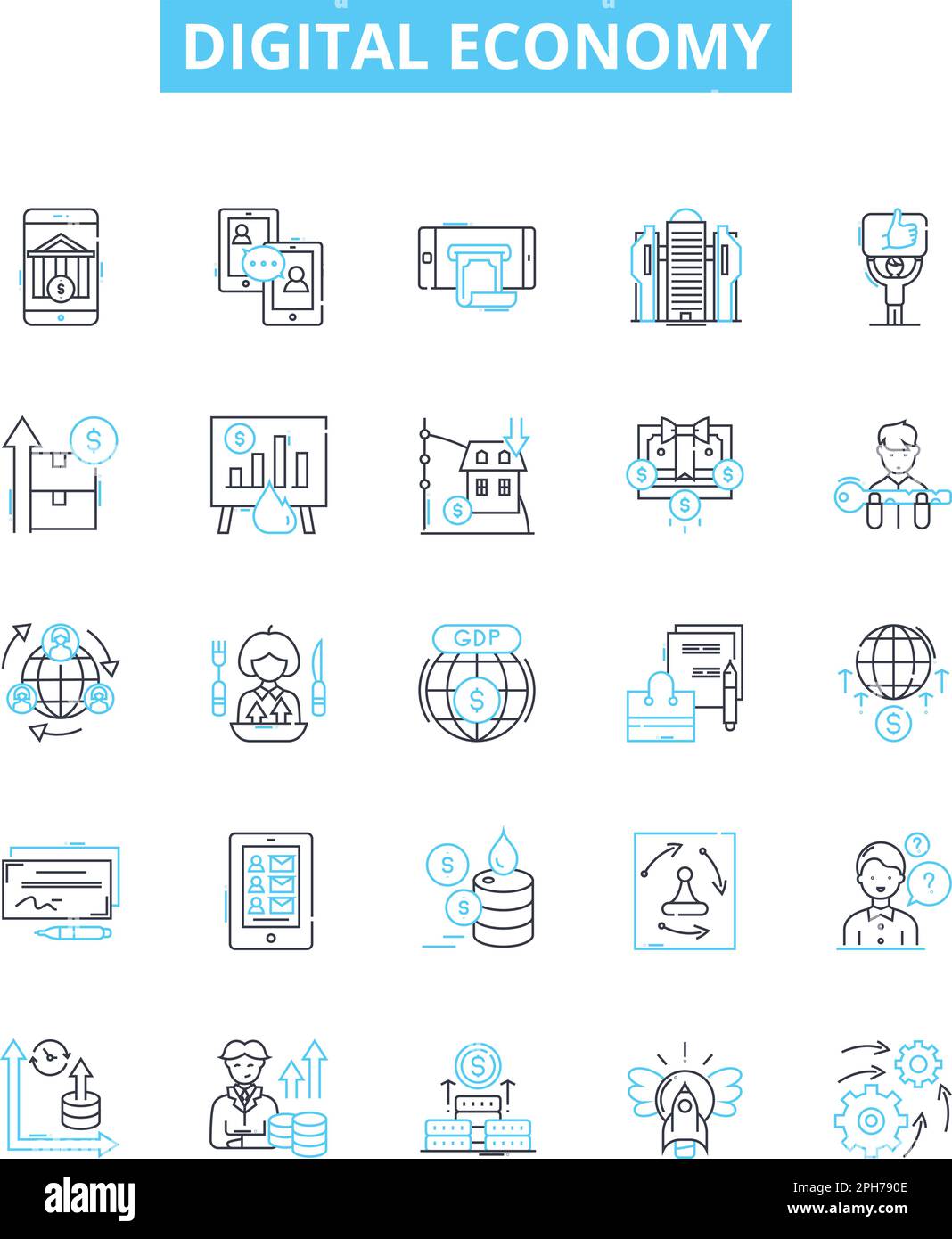 Digital economy vector line icons set. digital, economy, technology, online, commerce, services ...