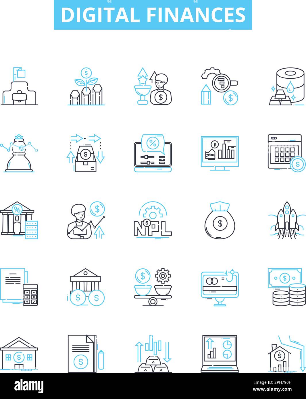 Digital finances vector line icons set. Digital, finances, banking ...