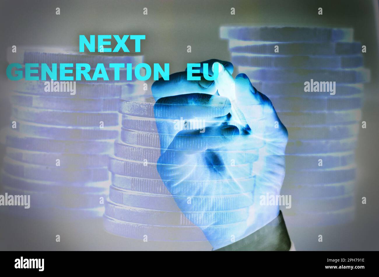 Hand writing the word "Next Generation Eu" with coins as background ...