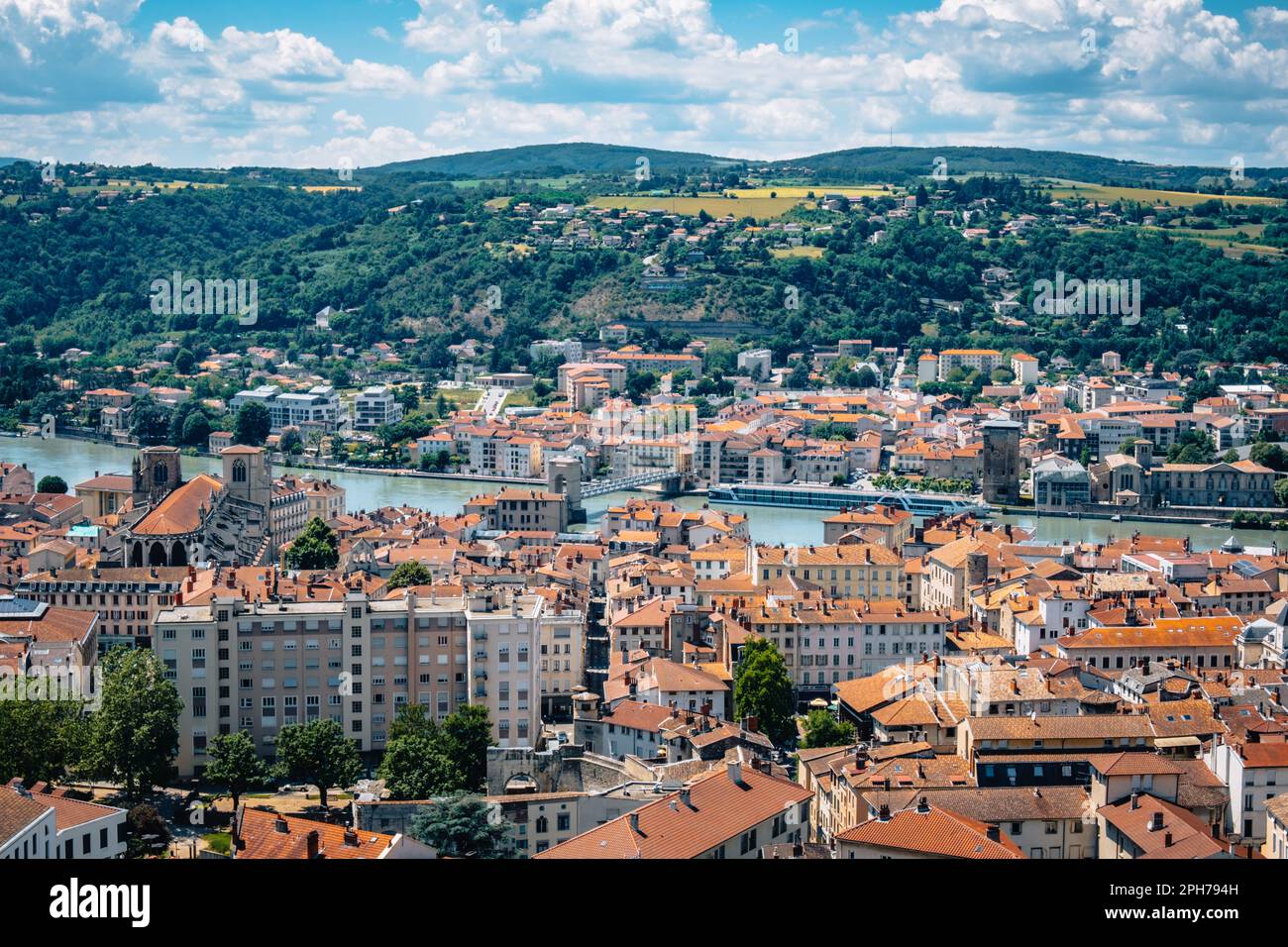 Panorama of the city of Vienne and the Rhone Valley from the hill of ...