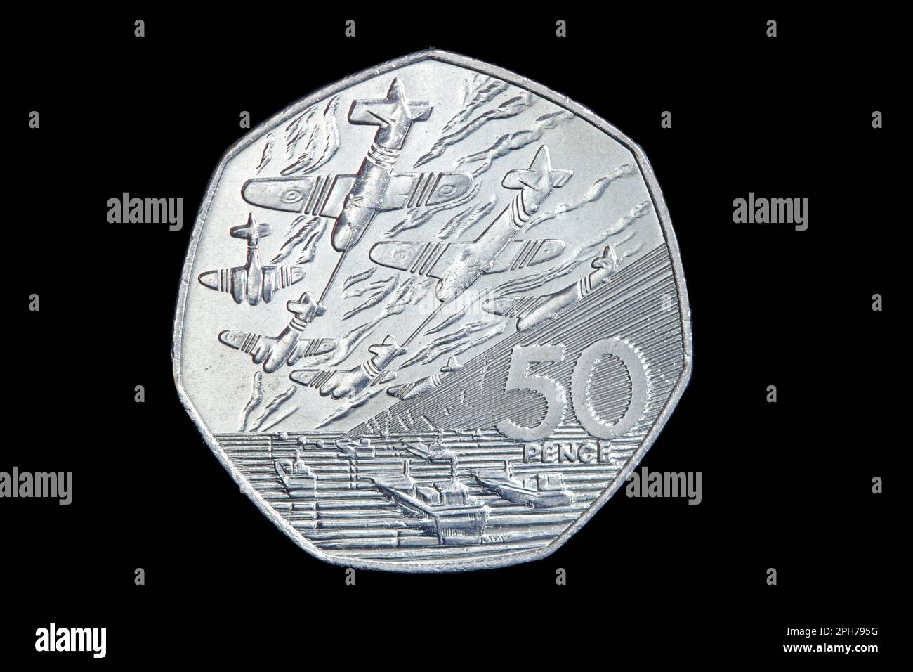 Reverse side of a 1994 50 fifty pence coin commemorating 50 years of ...
