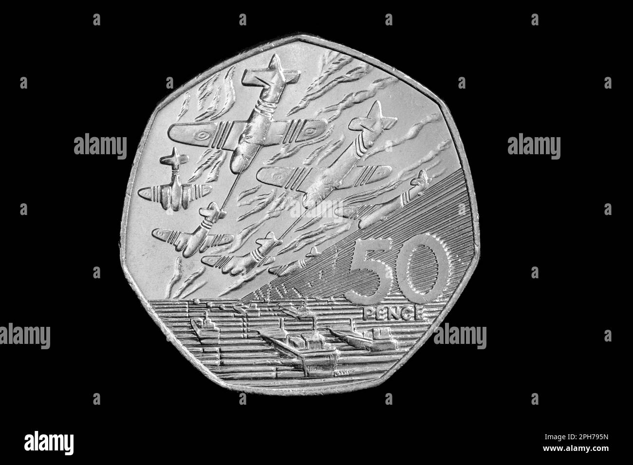 Reverse side of a 1994 50 fifty pence coin commemorating 50 years of ...