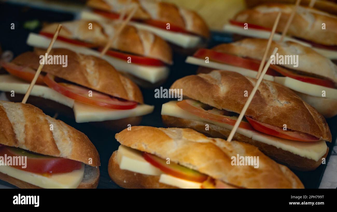 Typical mini burger snack of Basque Country, pinchos or pinxtos, small ...