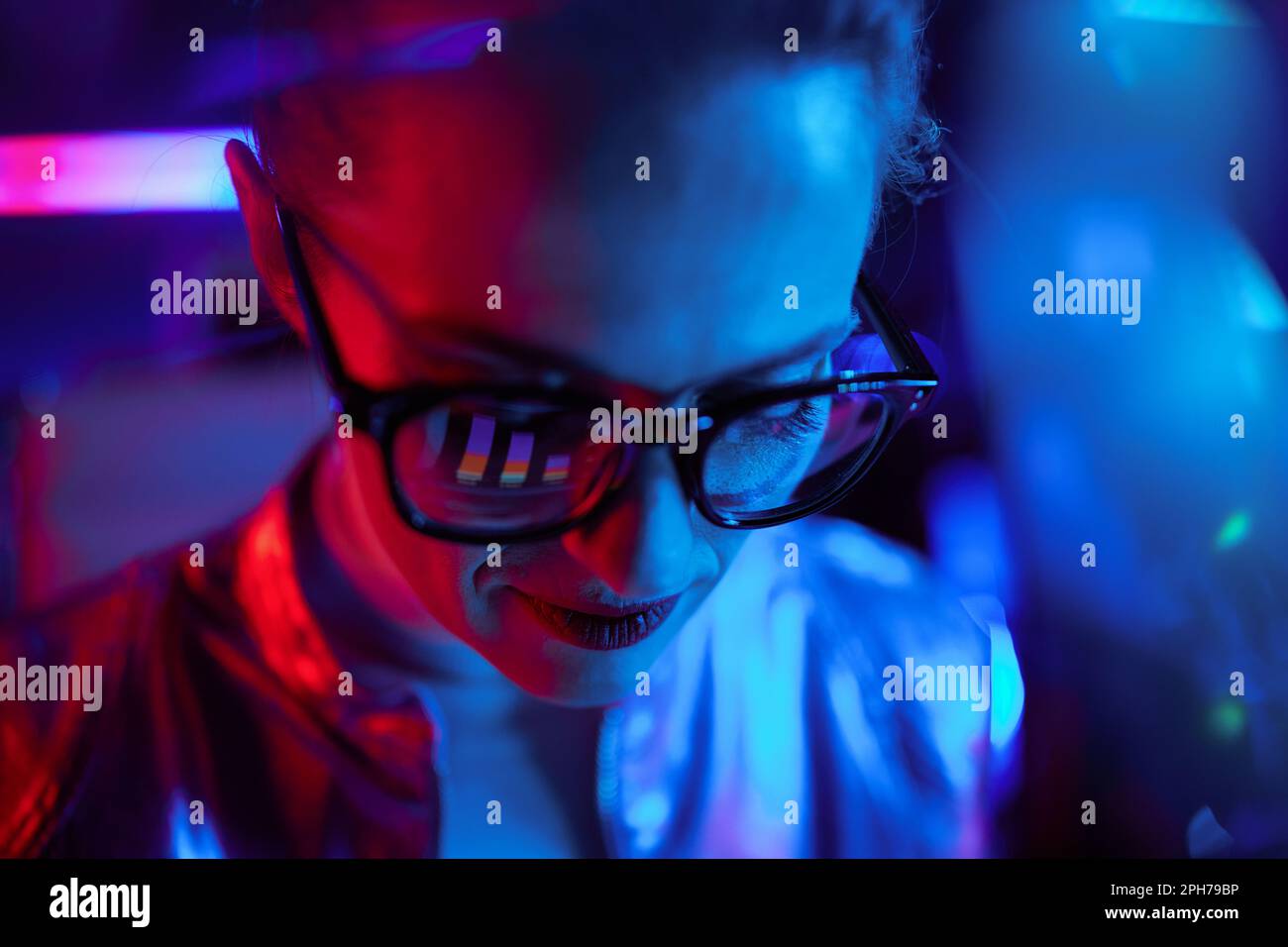 Neon metaverse futuristic concept. modern middle aged woman with charts ...