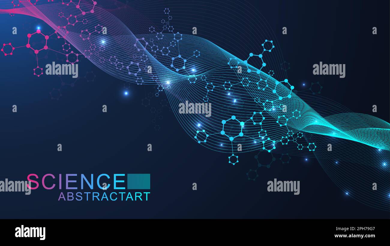 Modern scientific background with hexagons, lines and dots. Wave flow ...