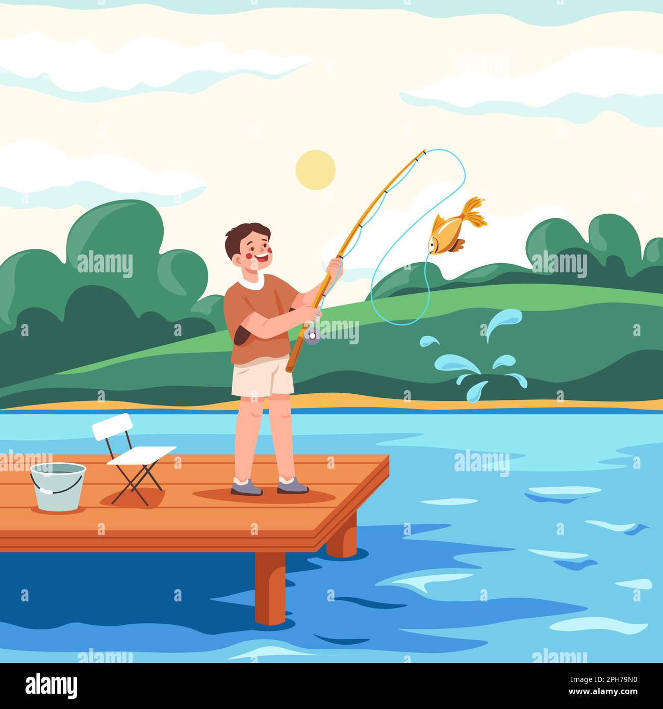 Kid fisherman. Children fishing in pond river pier, cute fishingboy ...