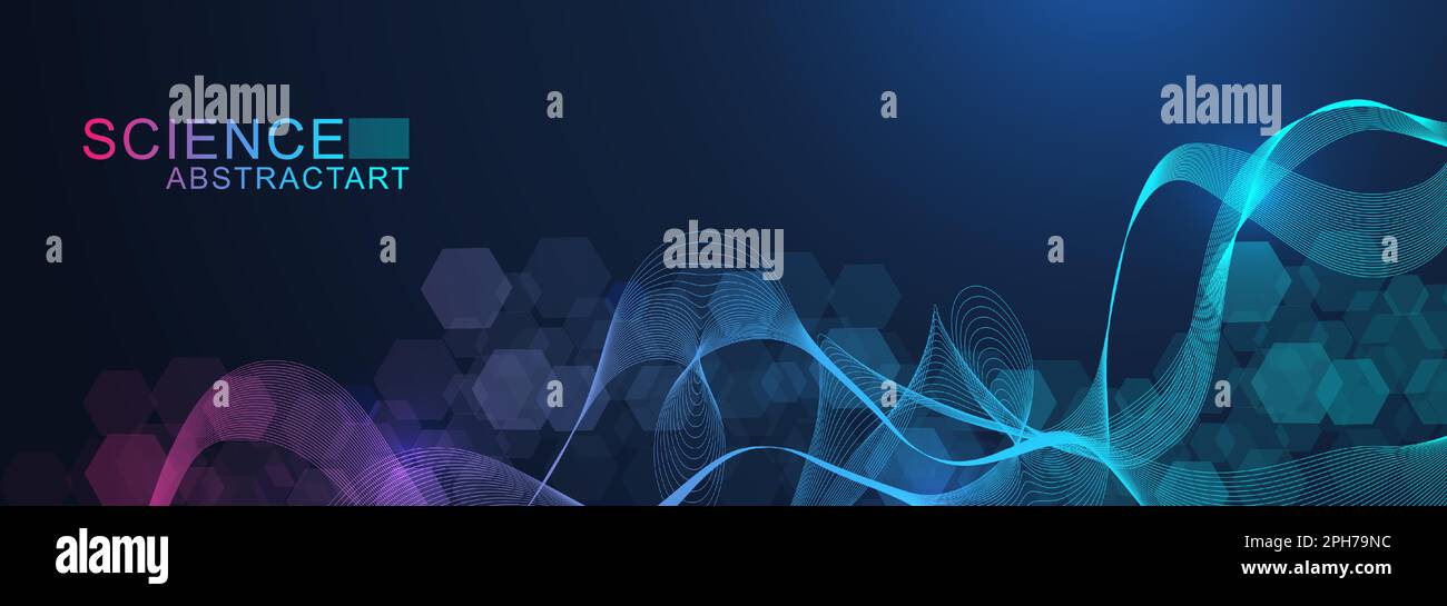 Modern scientific background with hexagons, lines and dots. Wave flow ...