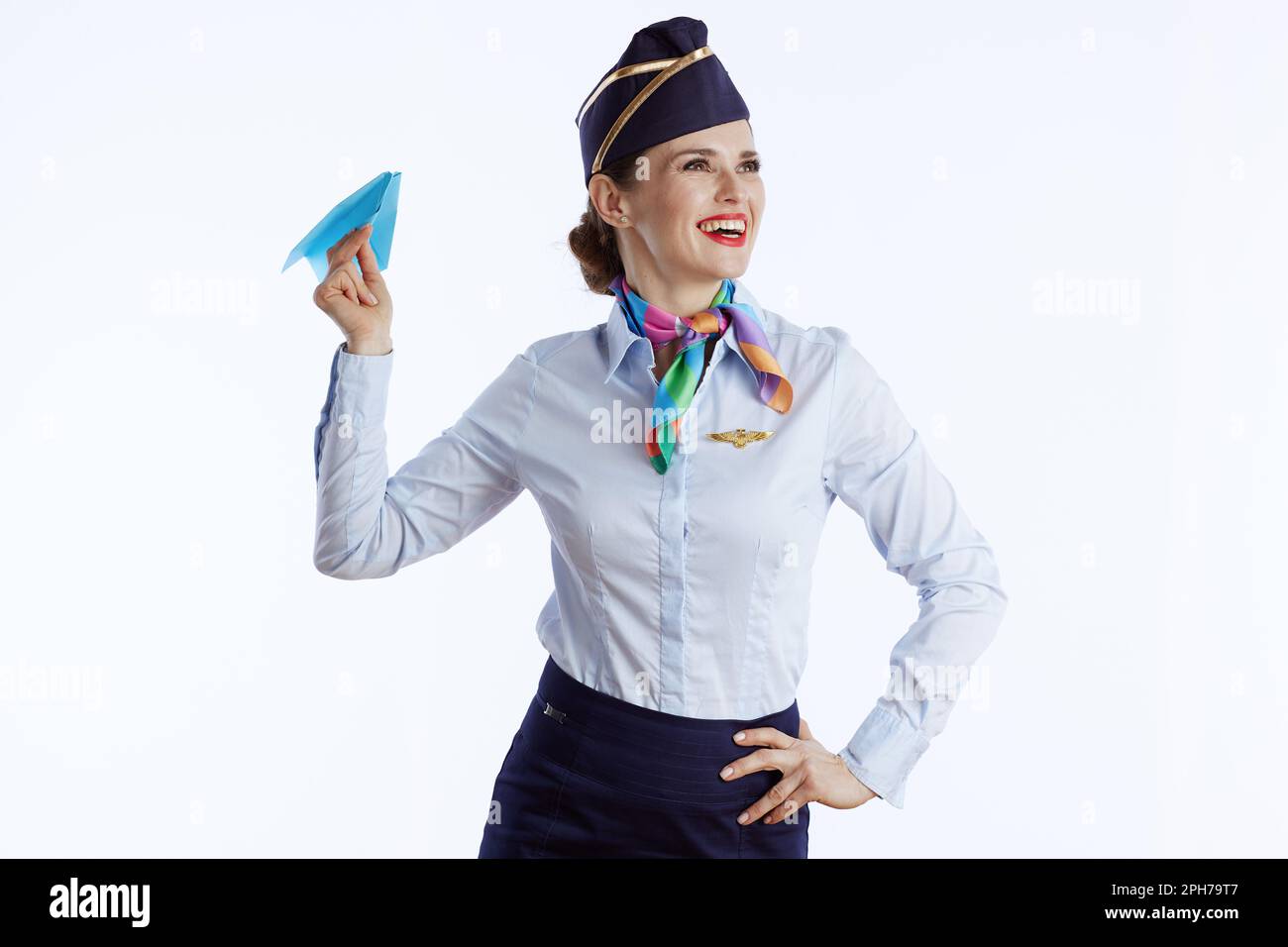 happy modern flight attendant woman isolated on white background in ...