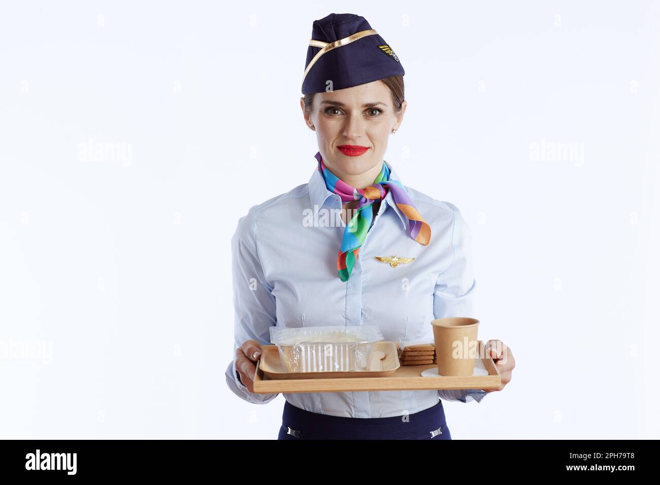 modern female air hostess isolated on white background in uniform with ...
