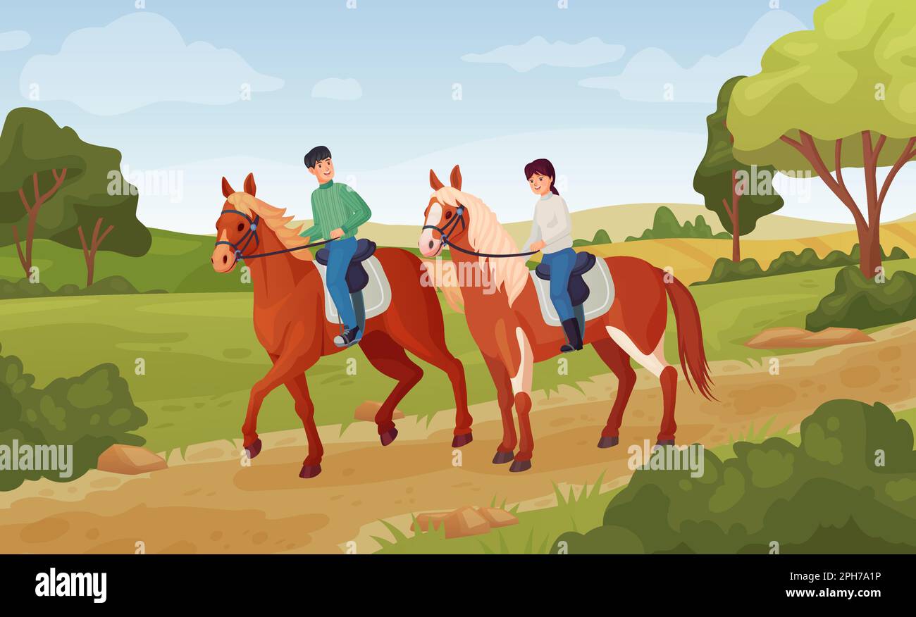 Horseback outdoors. Man and woman ride horses in nature, horseman ...