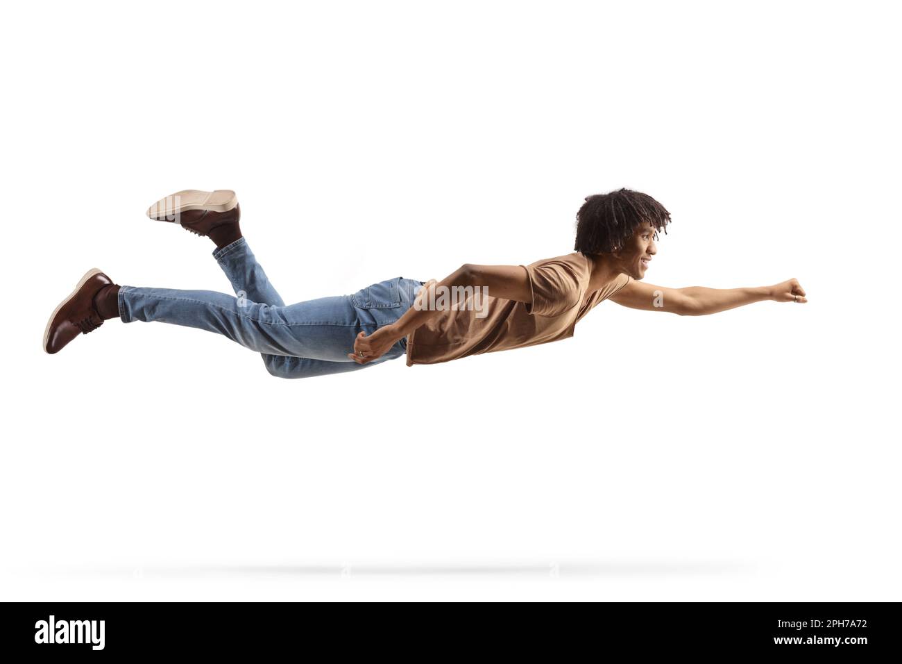 African american guy flying with arm forward isolated on white ...